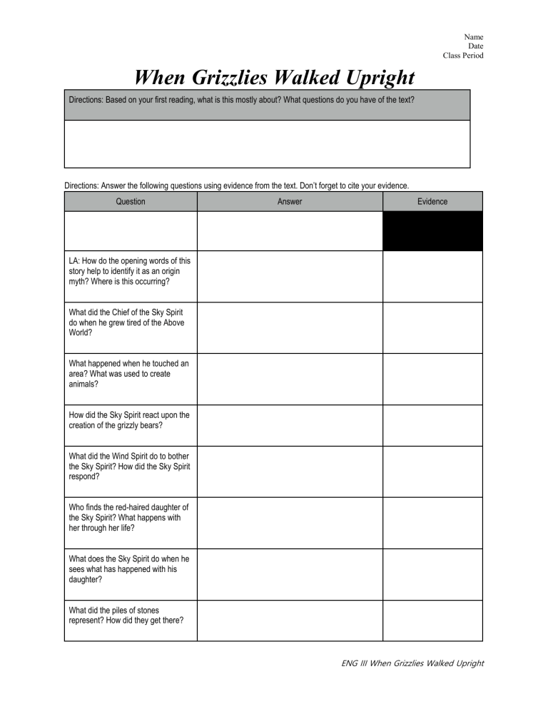 Grizzlies Walked Upright: Origin Myth Worksheet