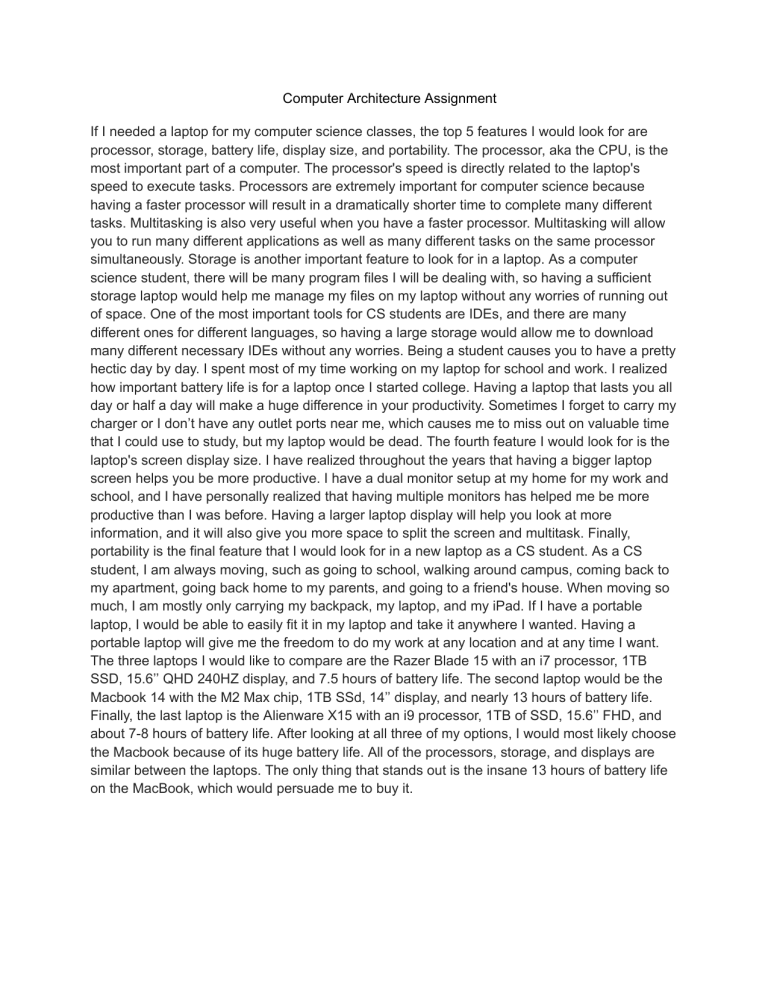 Computer Architecture Laptop Features Assignment