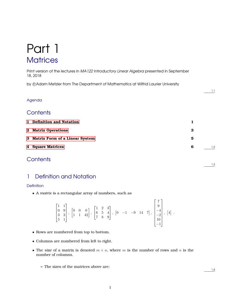 Linear Algebra Lecture Notes: Matrices and Operations