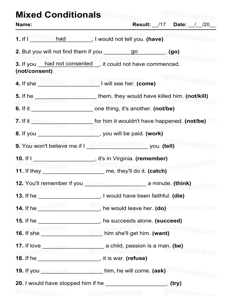 Mixed Conditionals Worksheet: English Grammar Practice