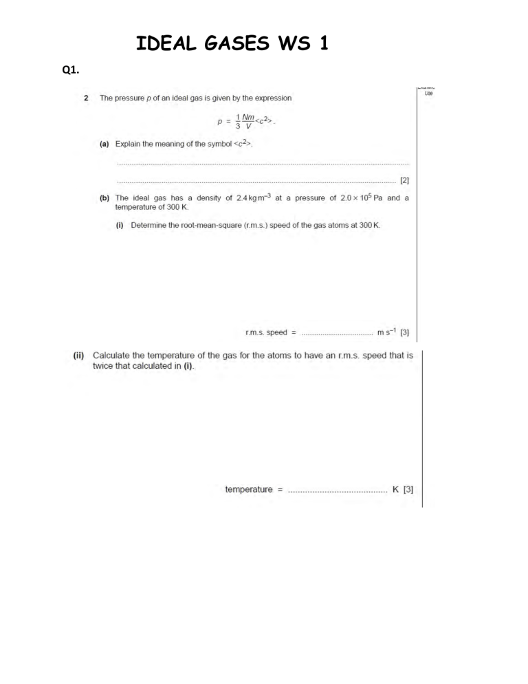 Ideal Gases Worksheet: RMS Speed & Temperature