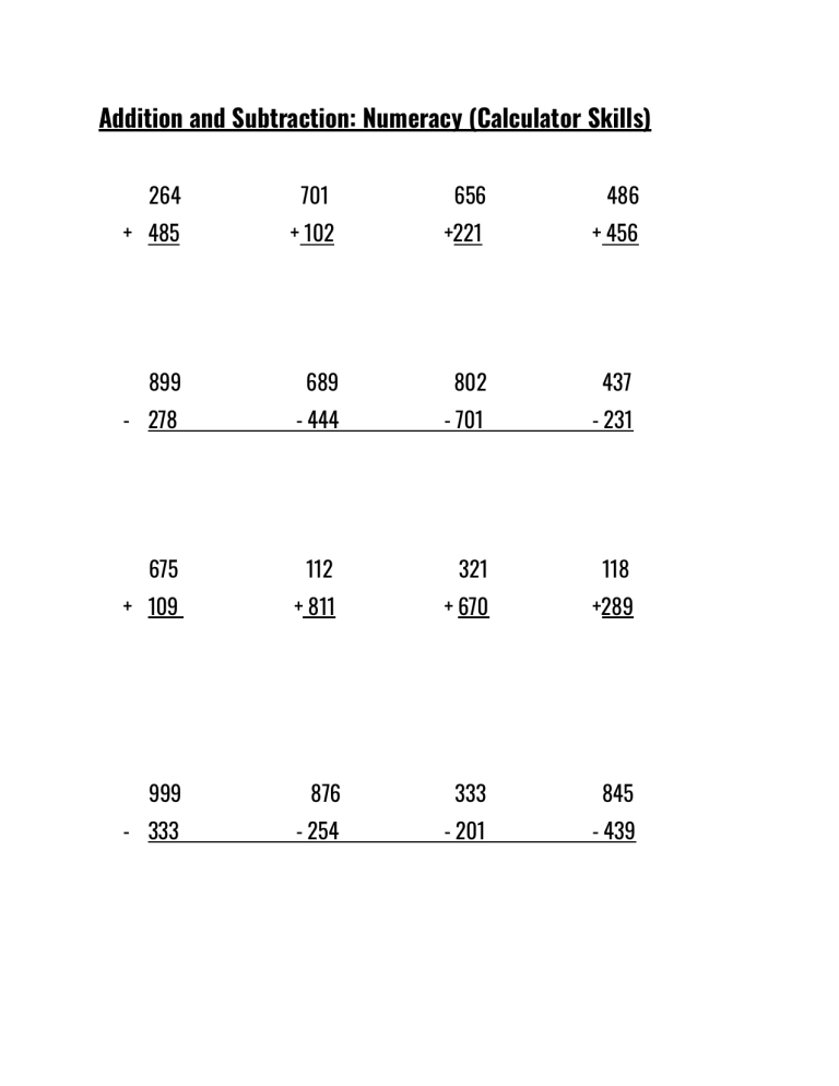 Addition & Subtraction Worksheet: Numeracy Skills