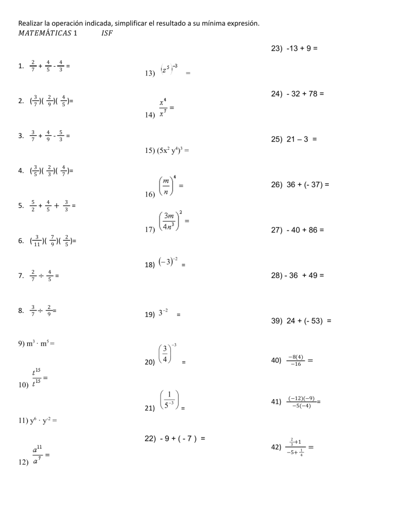 Math Worksheet: Fractions, Exponents, Arithmetic