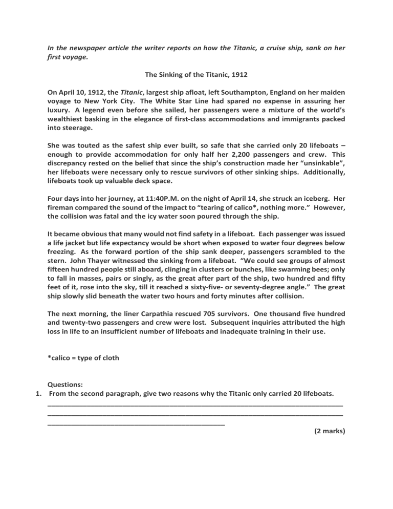 Titanic Sinking: Reading Comprehension Questions