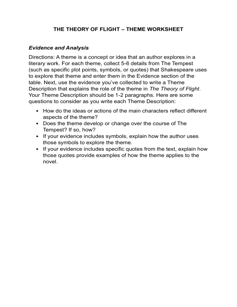 The Tempest Theme Analysis Worksheet
