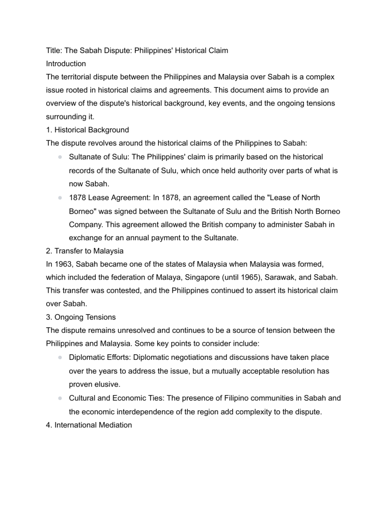 Sabah Dispute: Philippines' Historical Claim