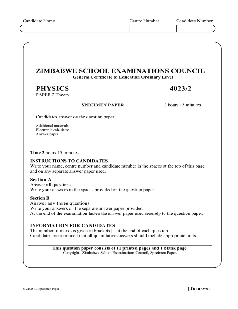 Physics Exam Paper: Ordinary Level Theory