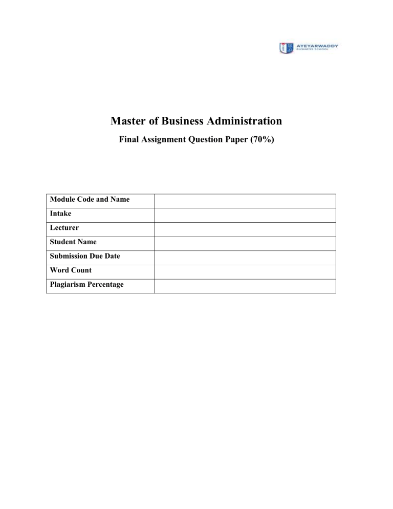 MBA Final Assignment Question Paper