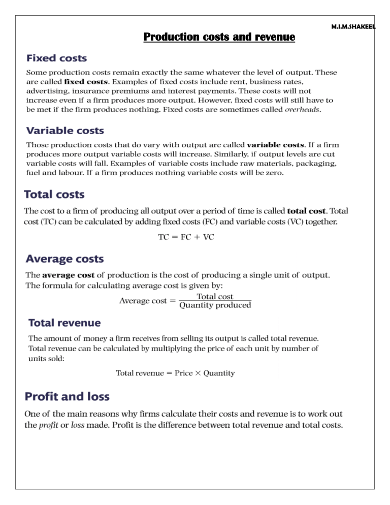 Production Costs & Revenue Worksheet
