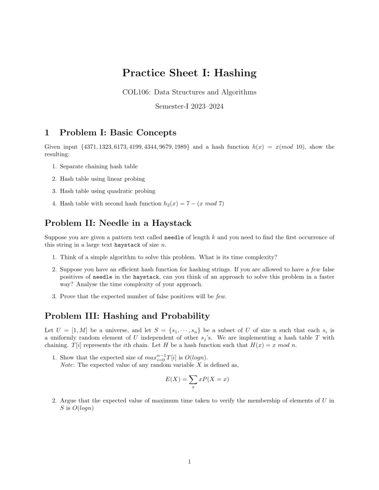 Hashing Practice Sheet: Data Structures & Algorithms