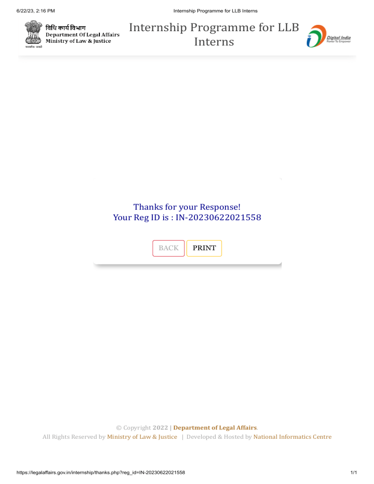 LLB Internship Application Confirmation