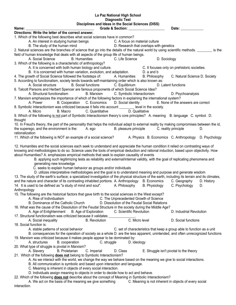 Social Sciences Diagnostic Test - High School