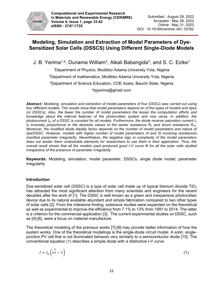 Dssc Modeling And Simulation Single Diode Model Parameter Extraction