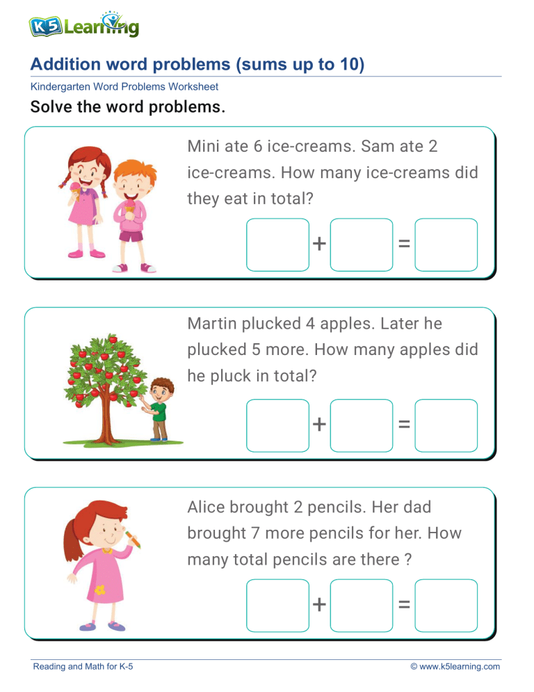 Addition Word Problems Worksheet (Sums to 10)