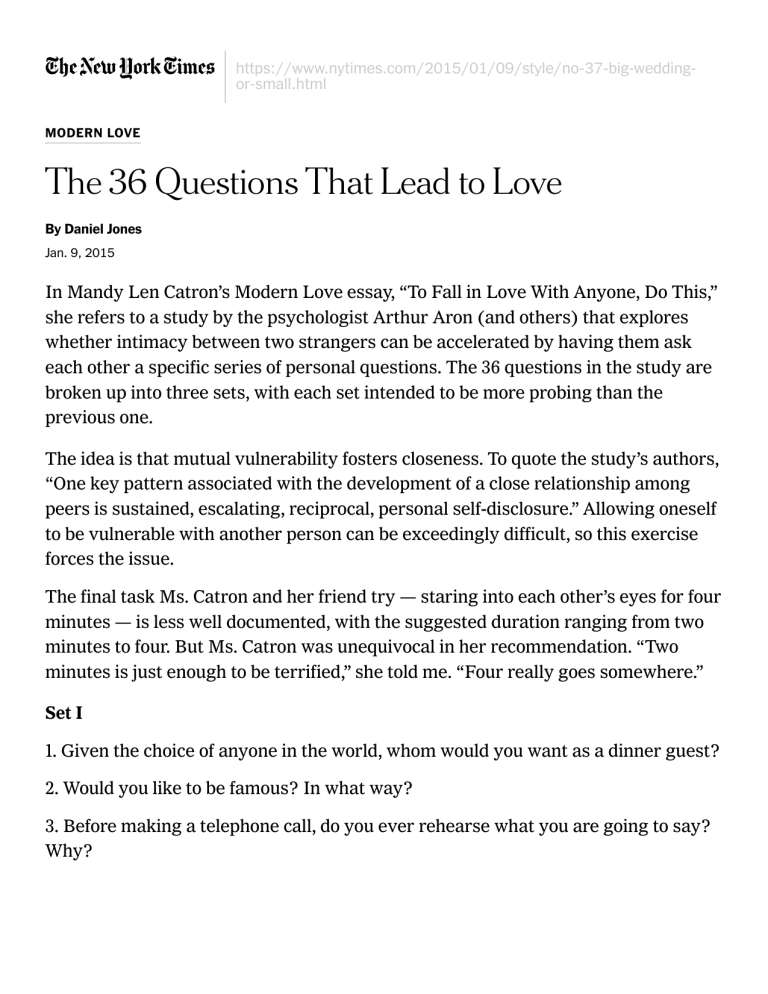 36 Questions That Lead to Love: NYT Article