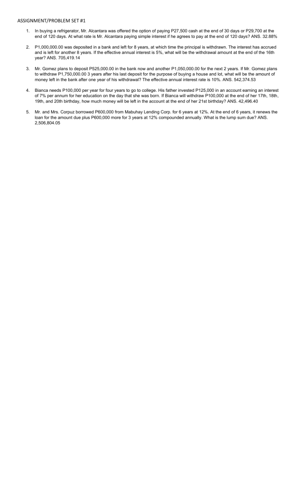 Finance Problem Set: Interest, Loans, and Investments