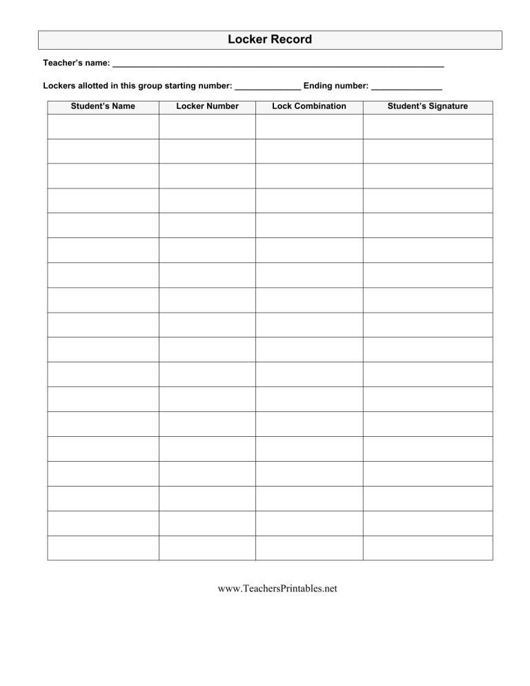 Locker Record Sheet Template