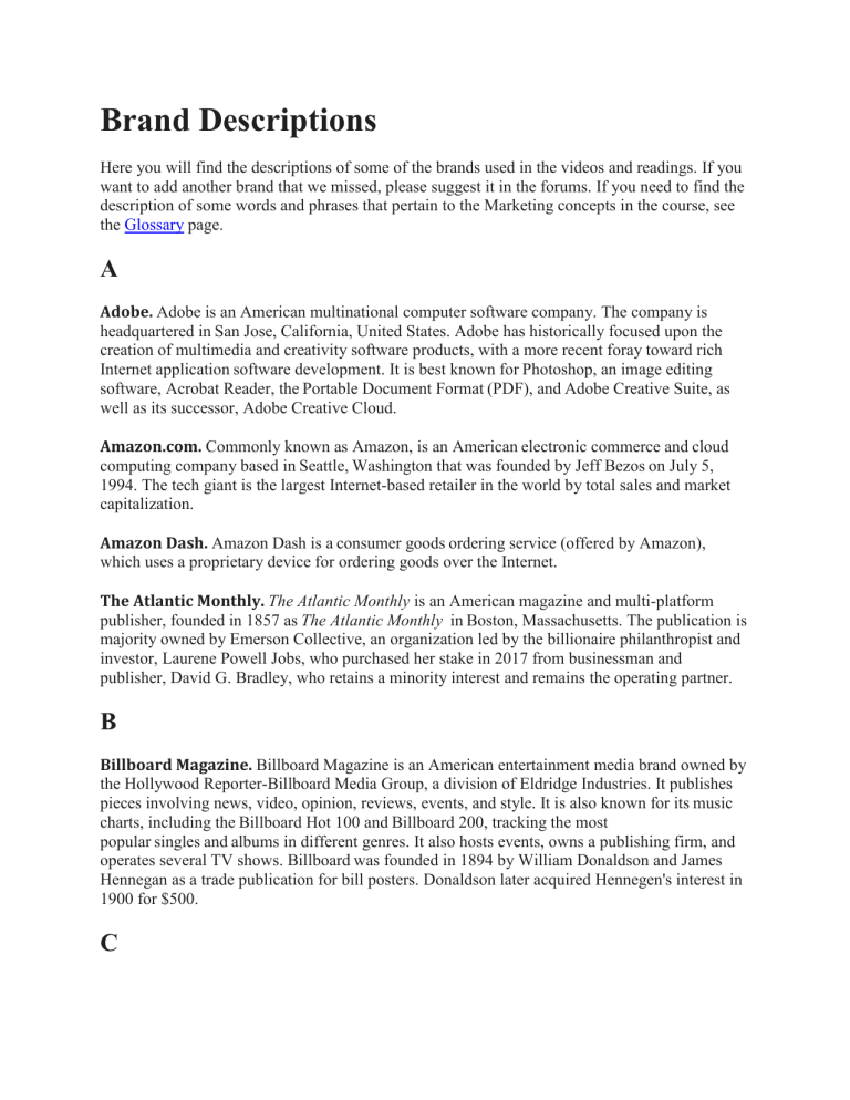 Brand Descriptions: Marketing Course