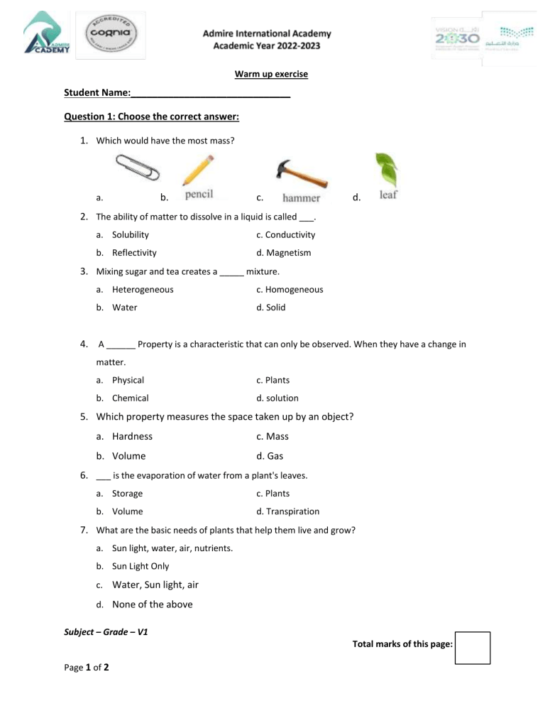 Elementary Science Worksheet: Mass, Mixtures, Plants, Earth