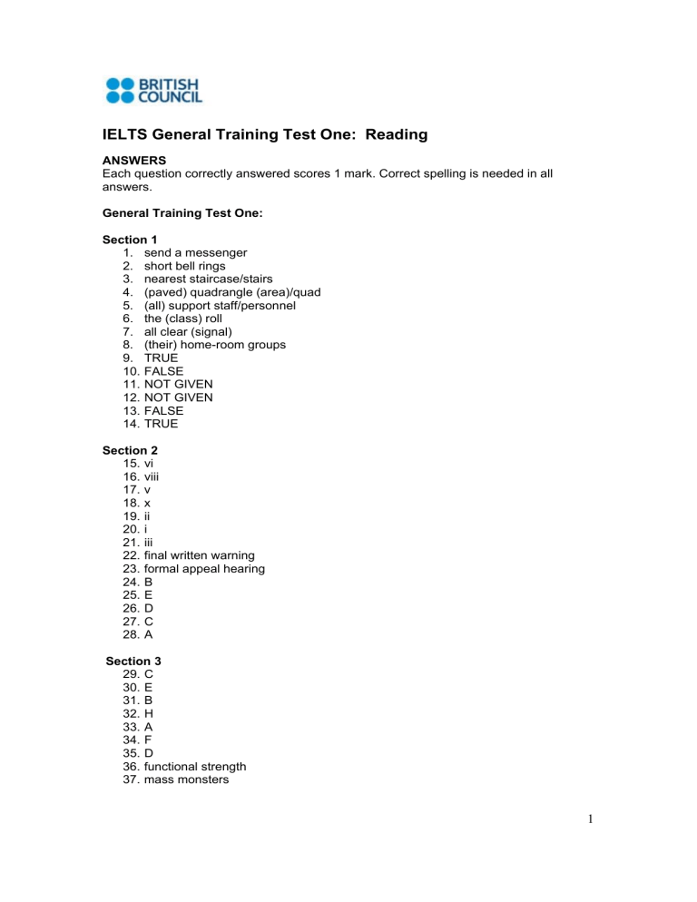 IELTS General Training Reading Answer Key