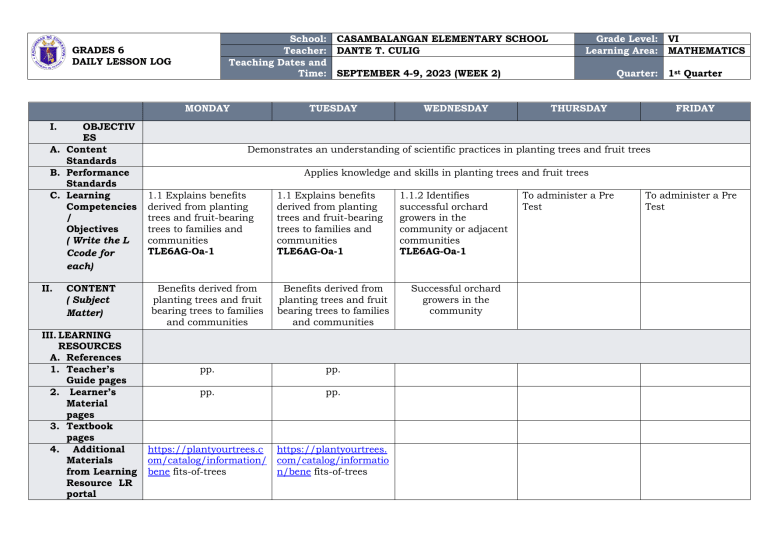 Grade 6 Math: Planting Trees Daily Lesson Log
