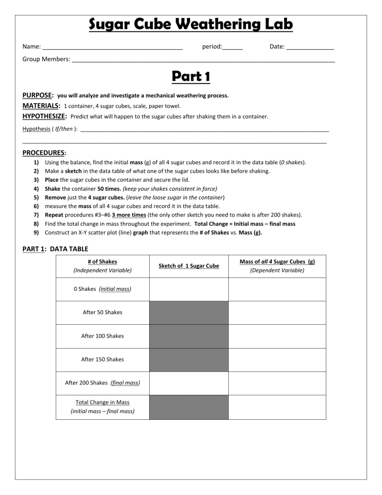 Sugar Cube Weathering Lab Worksheet