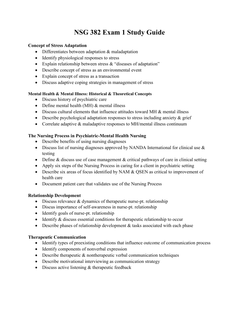 NSG 382 Exam 1 Study Guide