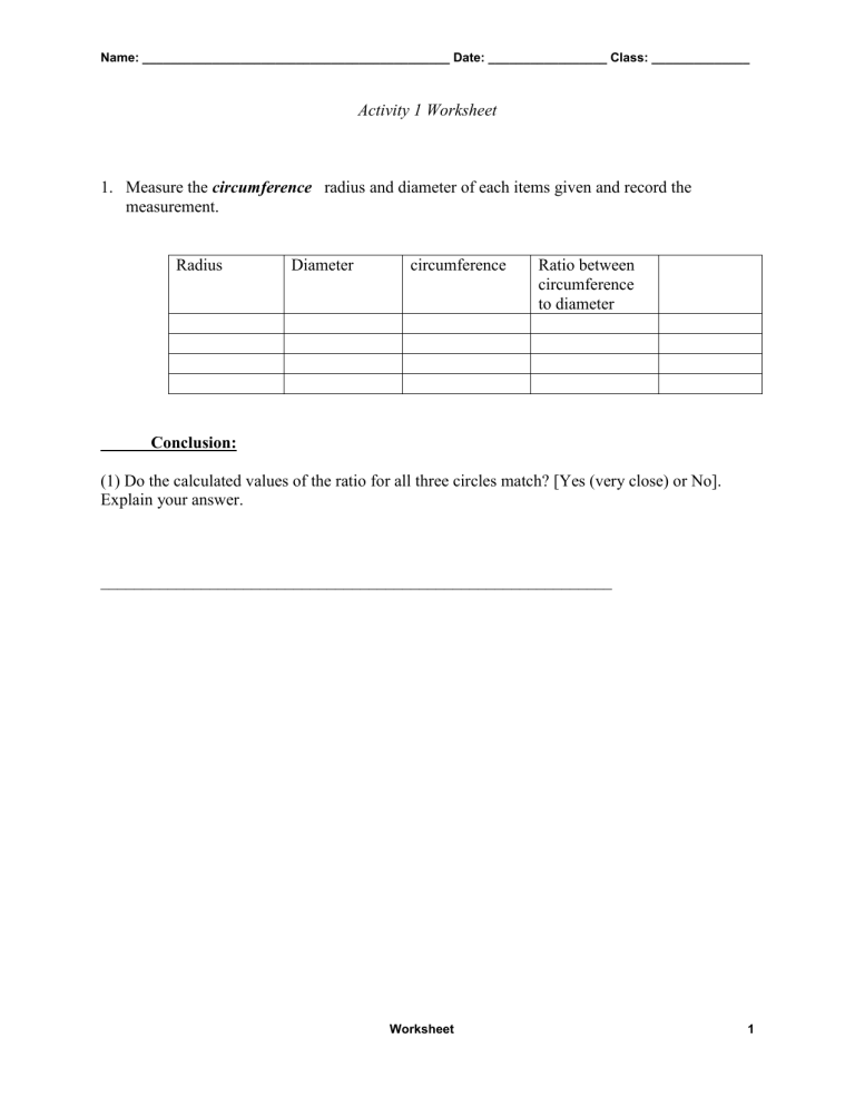 Circle Measurement Worksheet: Radius, Diameter, Circumference