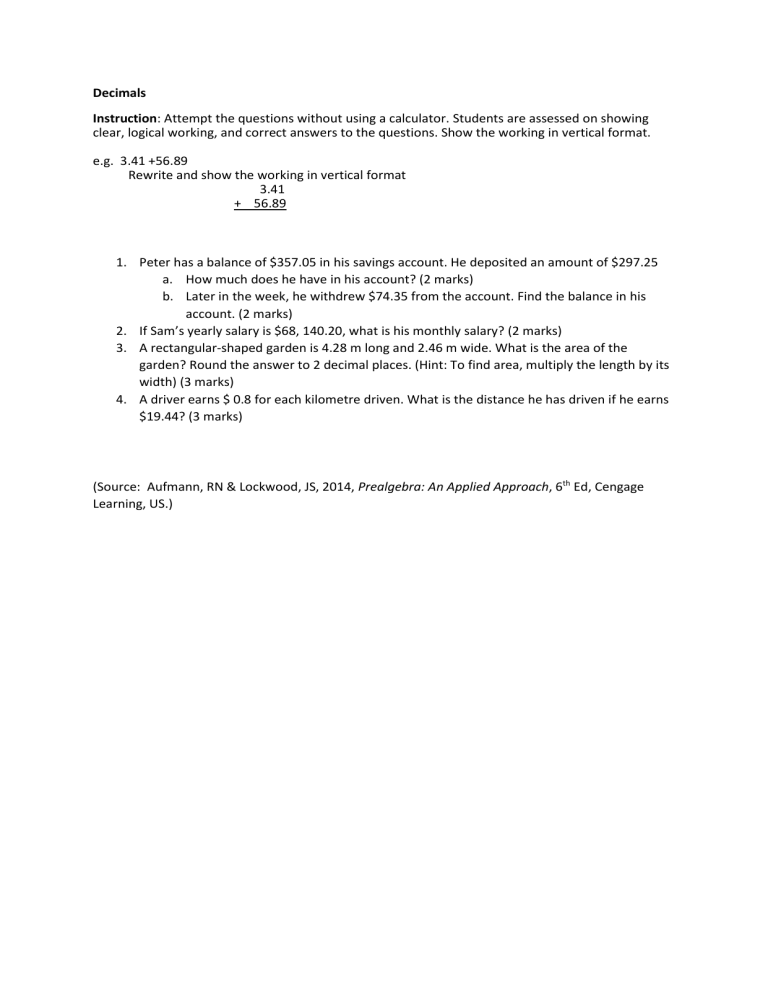 Decimal Operations Worksheet: Practice Problems