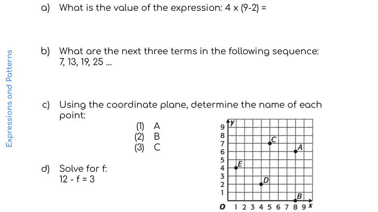 Math Worksheet: Expressions, Fractions, Geometry