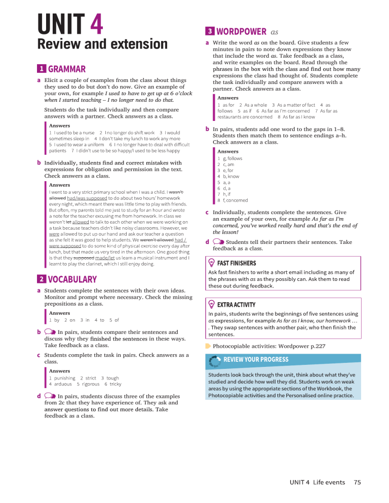 English Grammar & Vocabulary Exercises: Unit 4 Review