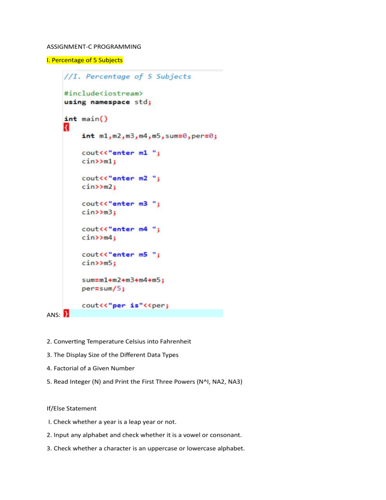 C Programming Assignment Basic Problems And Solutions