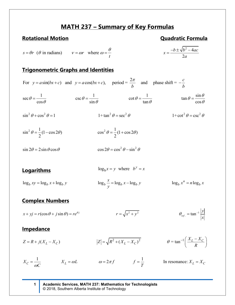 MATH 237 Key Formulas: Rotational, Quadratic, Trig, Stats