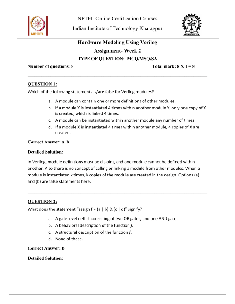 Verilog Hardware Modeling Assignment Week 2 Verilog Hardware Modeling Assignment Week 2