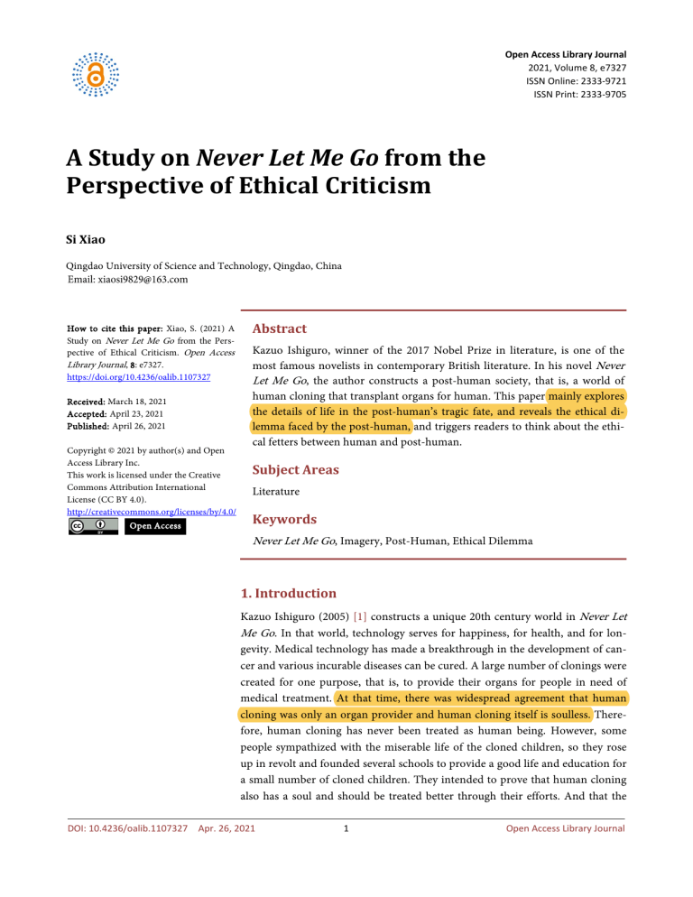 Ethical Criticism in Never Let Me Go: Post-Human Dilemmas