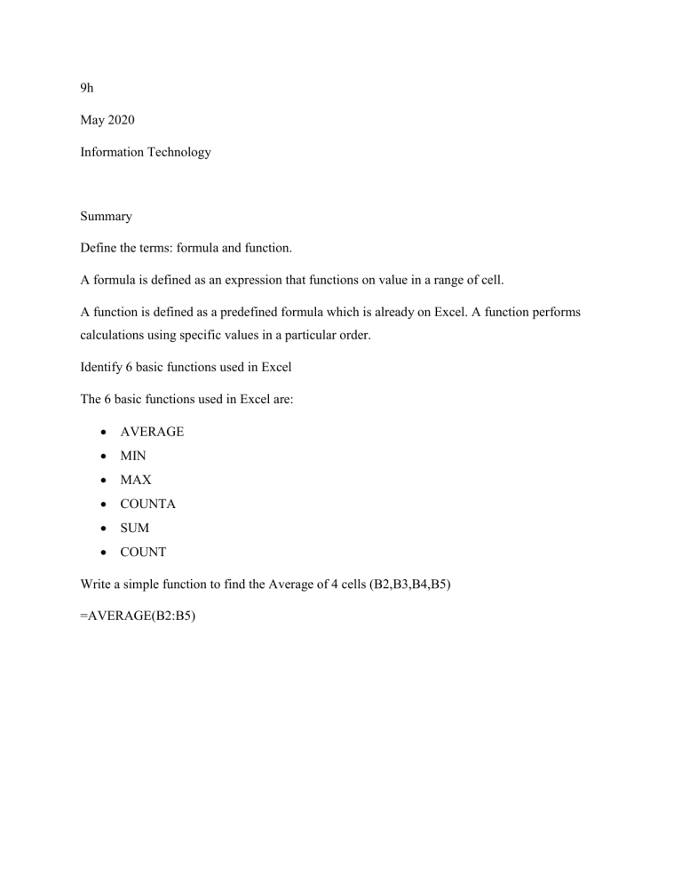 Excel Formulas and Functions Summary
