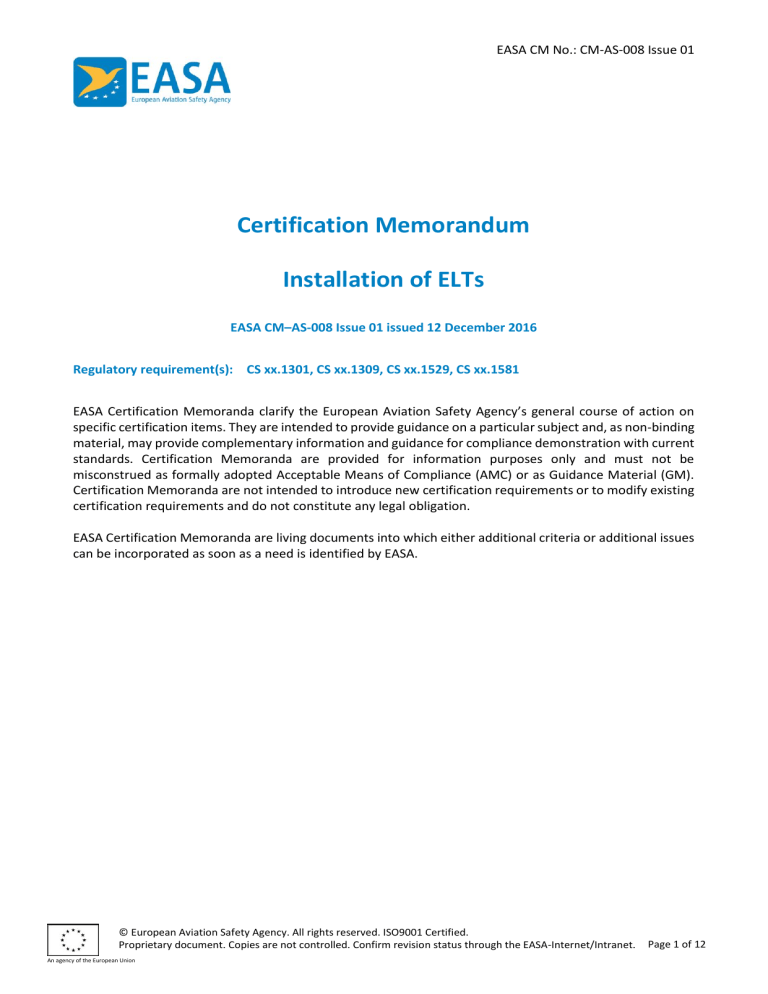EASA ELT Installation Certification Memorandum