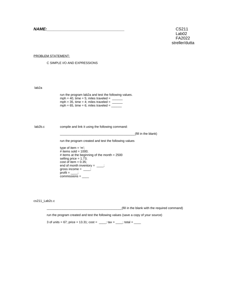 C Programming Lab Assignment: Simple I/O and Expressions