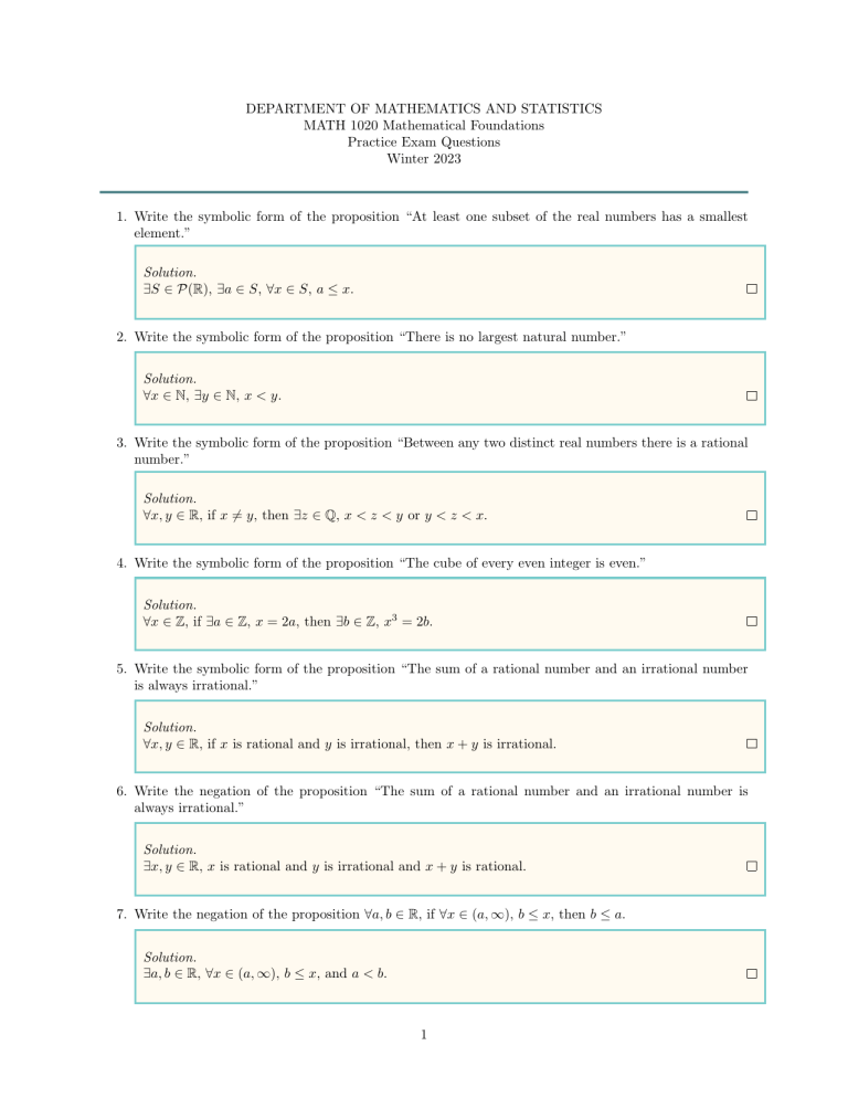 Math 1020 Practice Exam Questions: Foundations