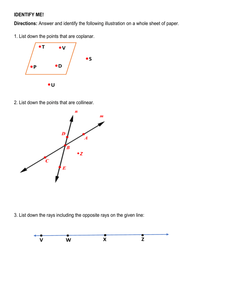 Geometry Worksheet: Coplanar, Collinear Points & Rays
