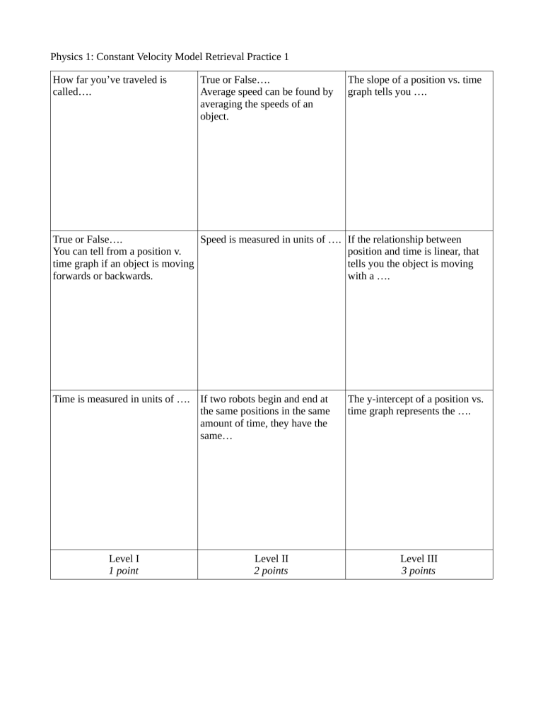 Physics: Constant Velocity Model Retrieval Practice
