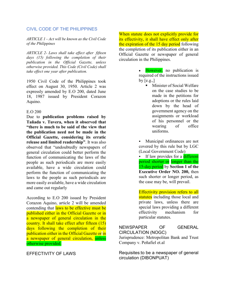 Civil Code of the Philippines: Effectivity & Legal Principles