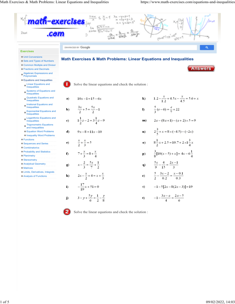 Linear Equations & Inequalities Worksheet
