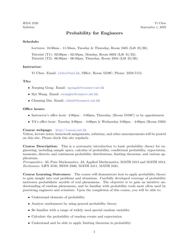 Probability for Engineers Syllabus