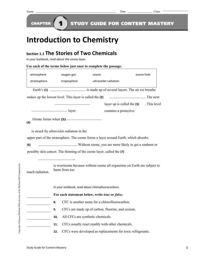 Intro to Chemistry Study Guide: Ozone, CFCs, Matter