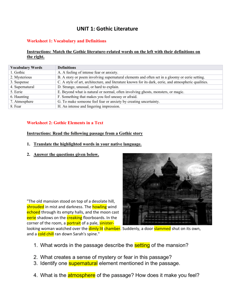 Gothic Literature Worksheet: Vocabulary & Text Analysis