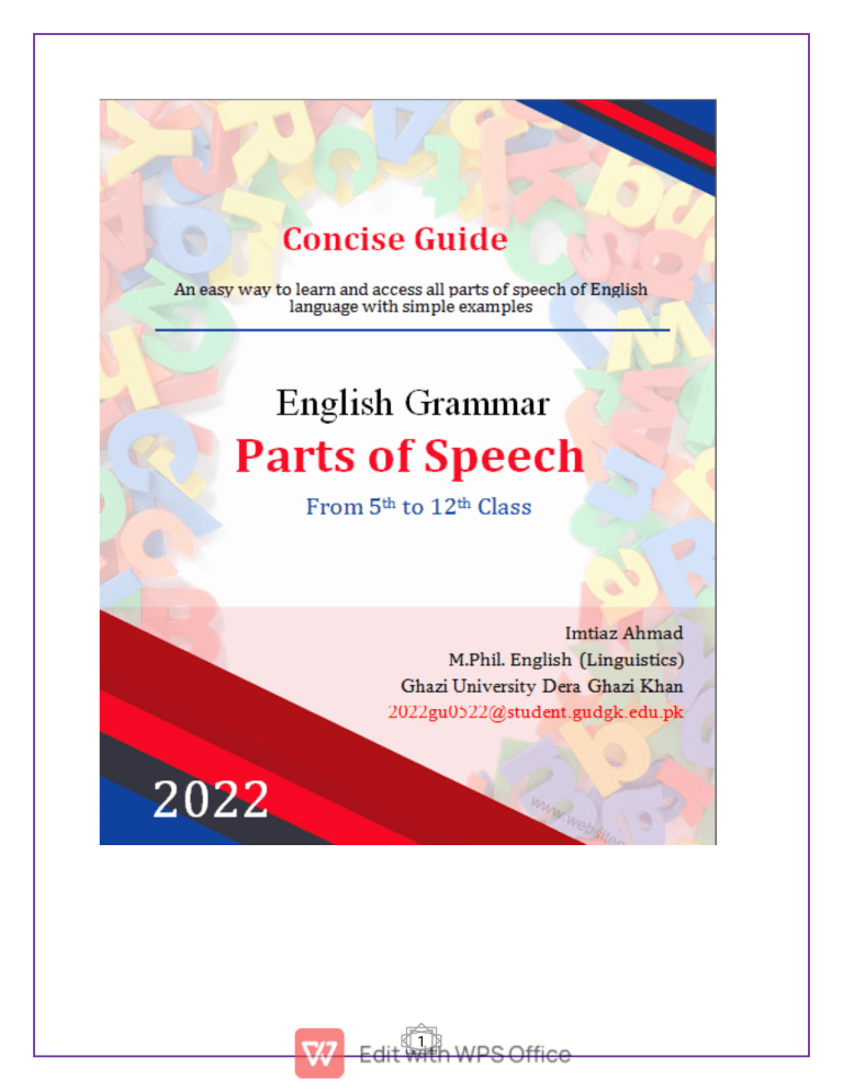 English Grammar Parts of Speech Textbook