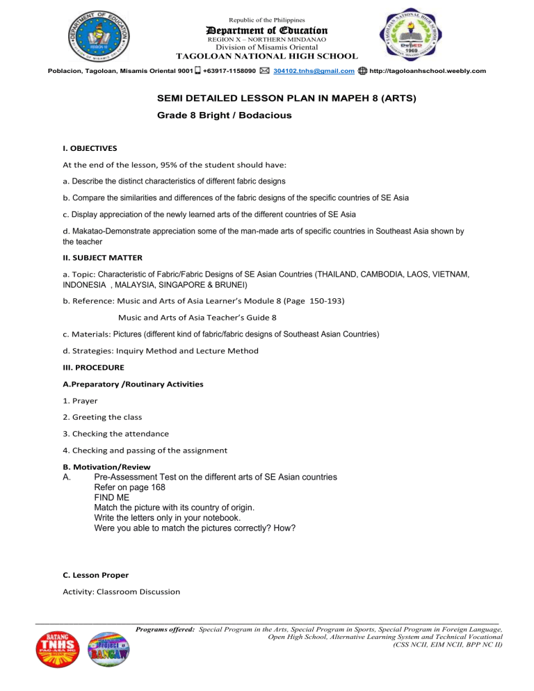 MAPEH 8 Arts: Fabric Designs of Southeast Asia Lesson Plan