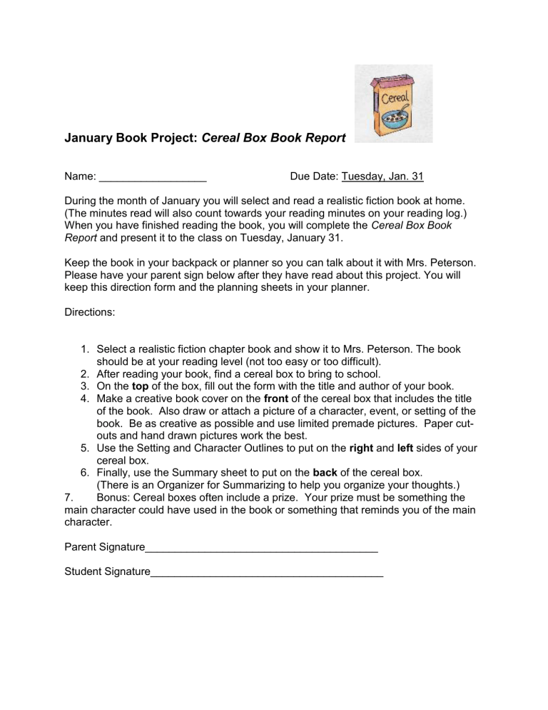 Cereal Box Book Report Project Instructions