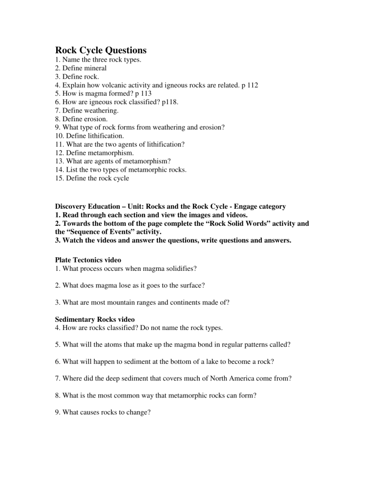 Rock Cycle Worksheet: Questions & Activities